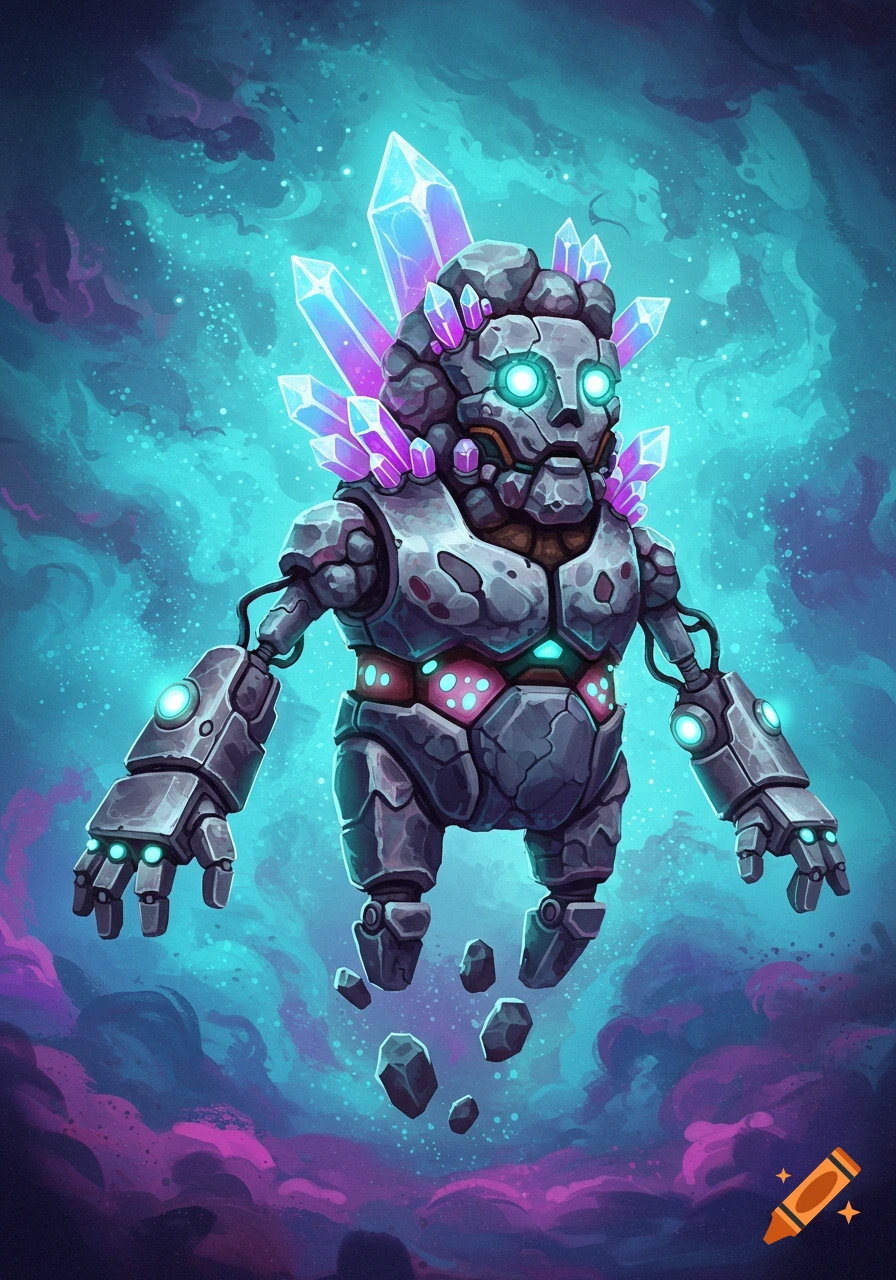 Stylized illustration of a stone and crystal robot creature floating in ...