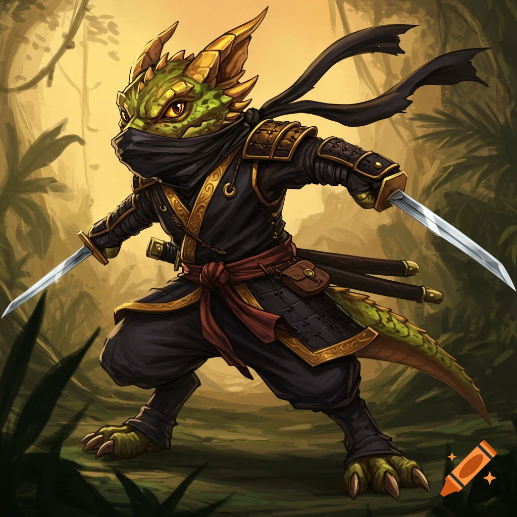 A reptilian kobold character dressed as a ninja holding two swords in a ...