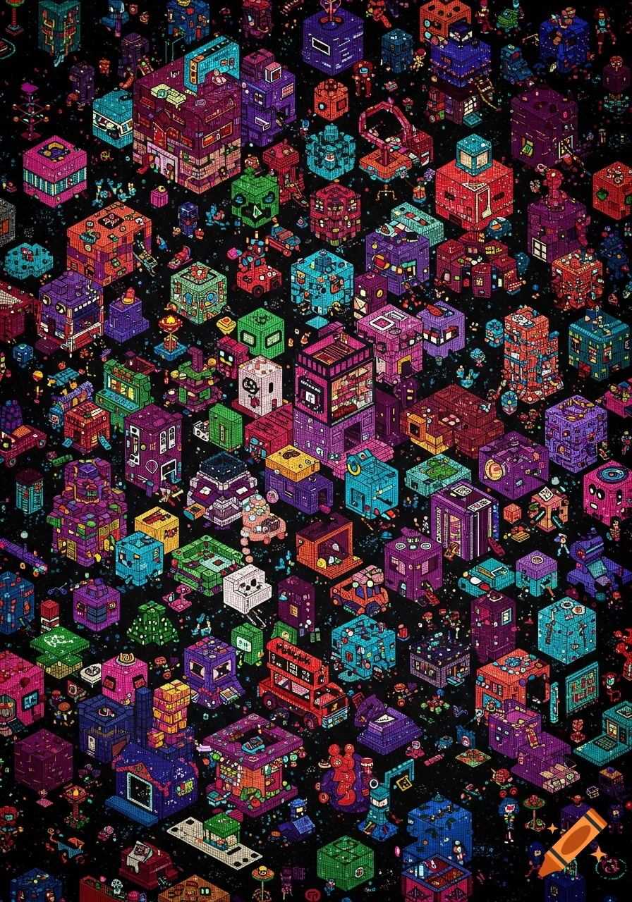 Isometric pixel art scene of a vibrant, densely packed city with many ...