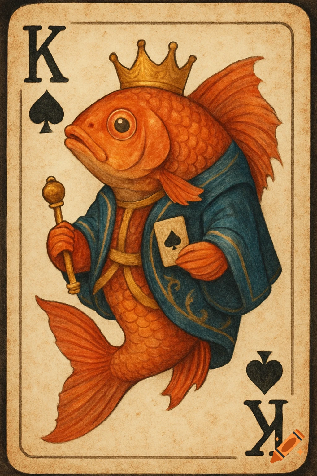 Illustration of a goldfish king on a playing card. on Craiyon