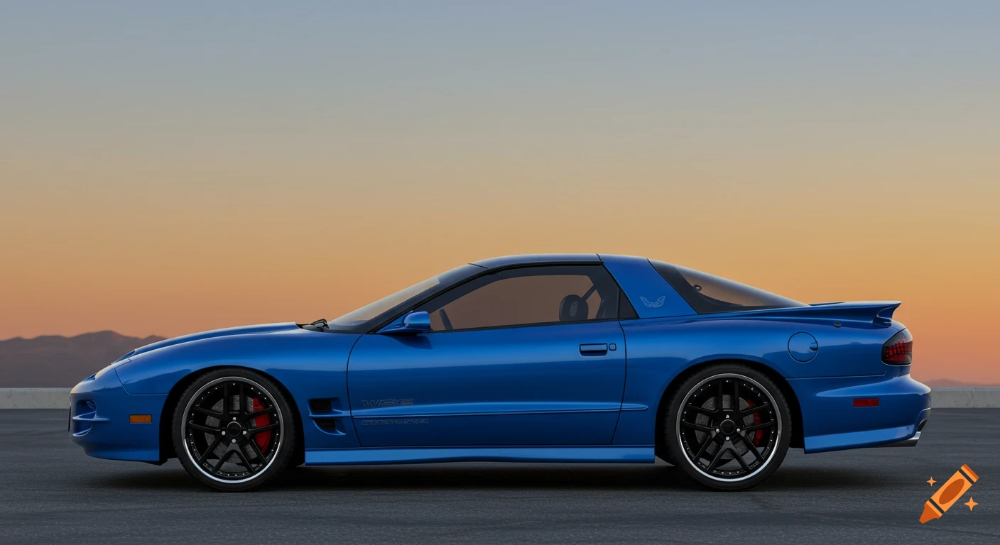 A blue 1999 Pontiac Trans Am WS6 parked against a sunset sky. on Craiyon