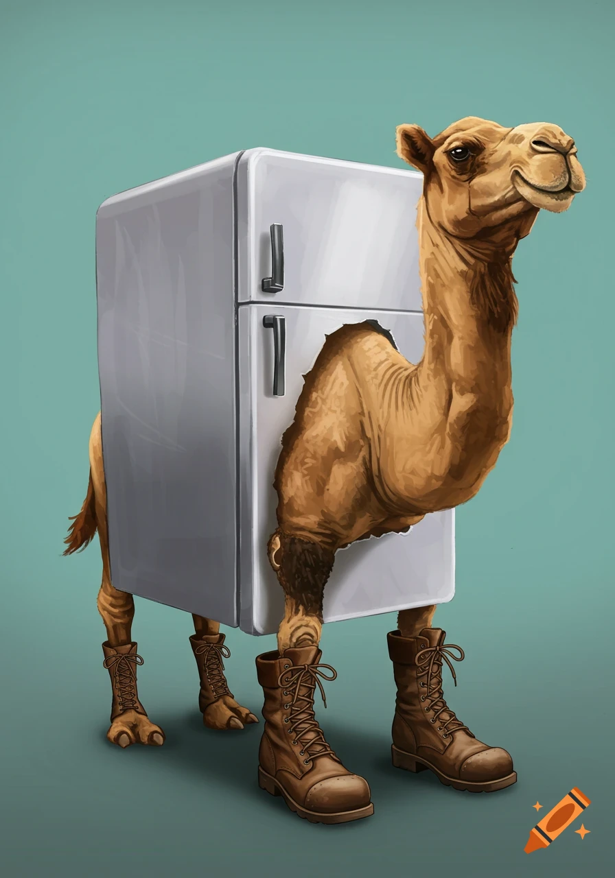 Illustration of a camel with a refrigerator for a body wearing combat ...