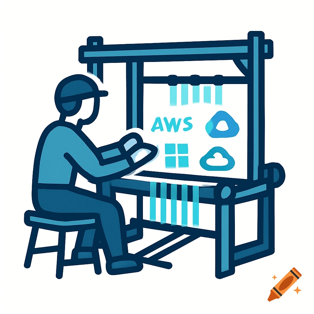 Illustration of a person weaving AWS and cloud icons on a loom in a ...