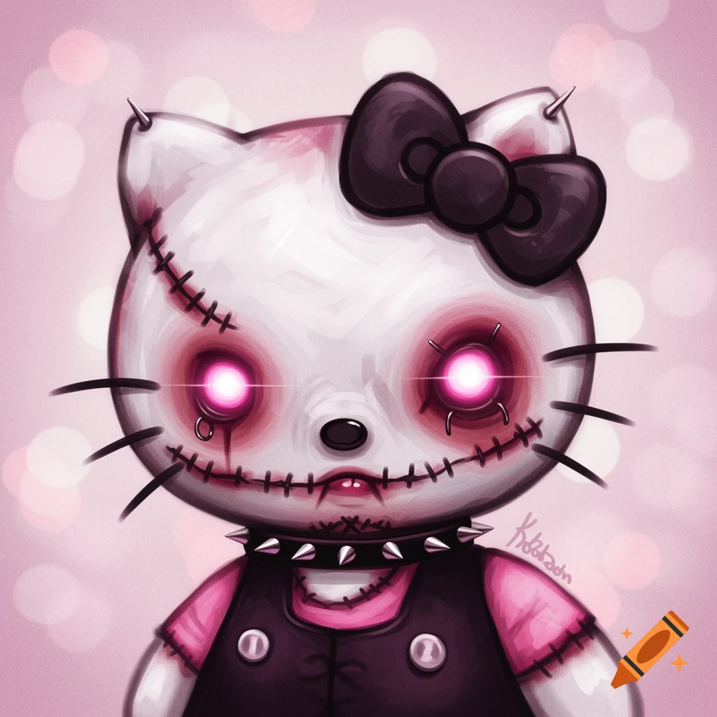 Stylized portrait of a zombie Hello Kitty with stitches, glowing pink ...