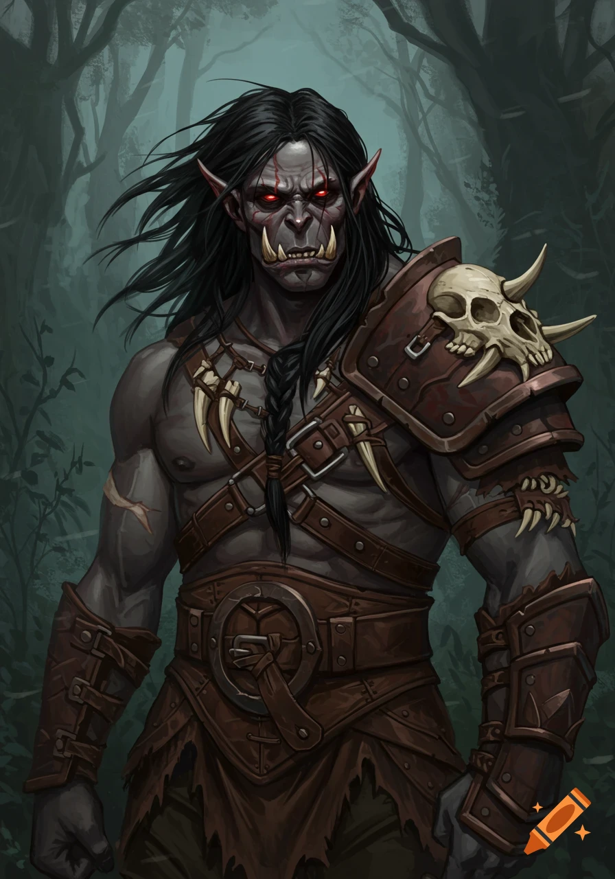 Portrait of an orc warrior in armor standing in a forest. on Craiyon