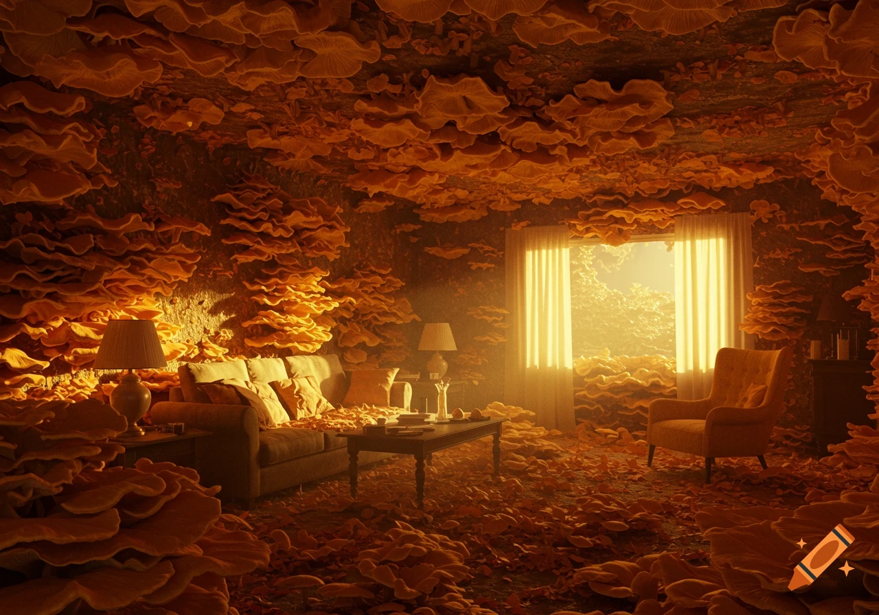 A photorealistic image of a room completely overgrown with orange ...