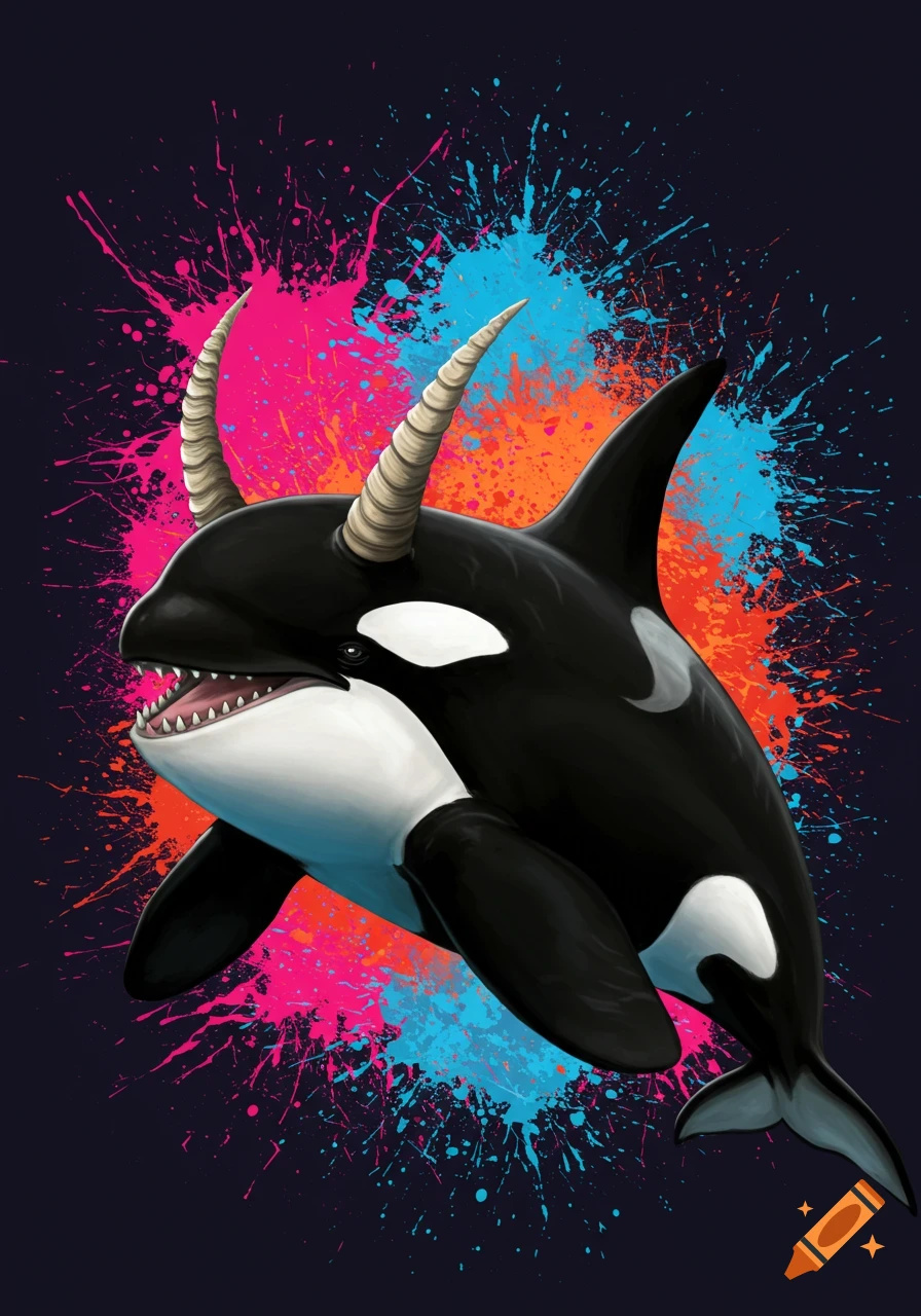 Illustration of an orca with horns and vibrant paint splatters on Craiyon