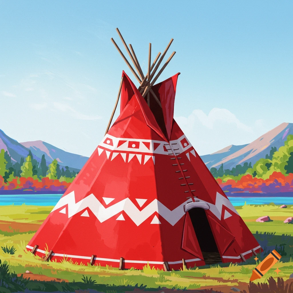 A red and white teepee stands in a grassy field by a lake with ...