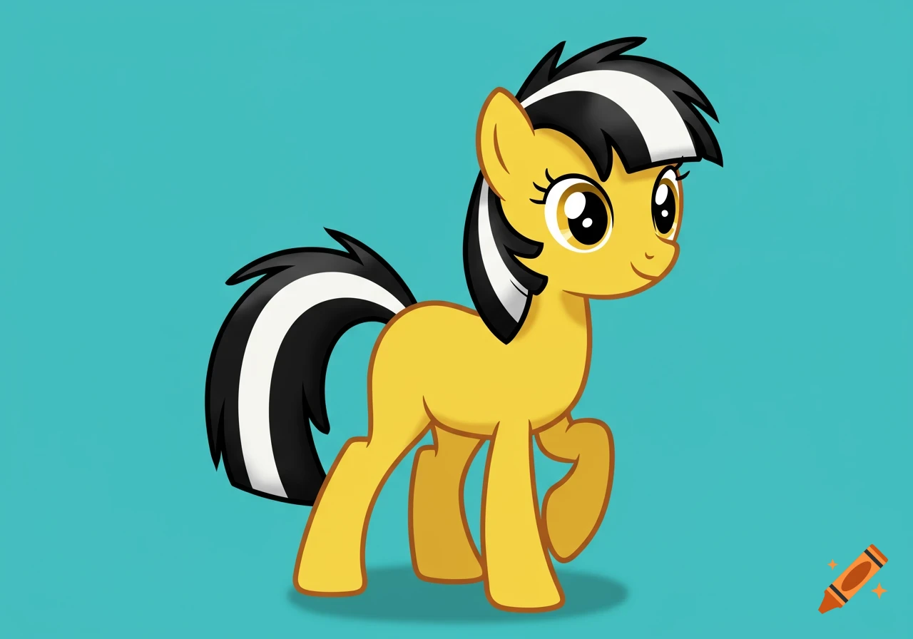 A yellow cartoon pony with black and white mane and tail on a turquoise ...