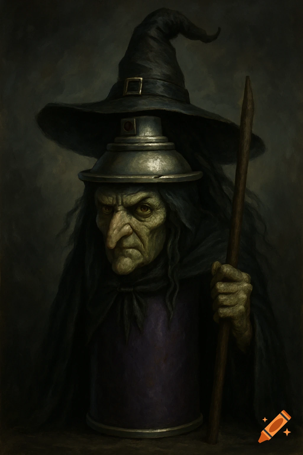 A grotesque witch with a tall hat and a staff, painted in a dark ...