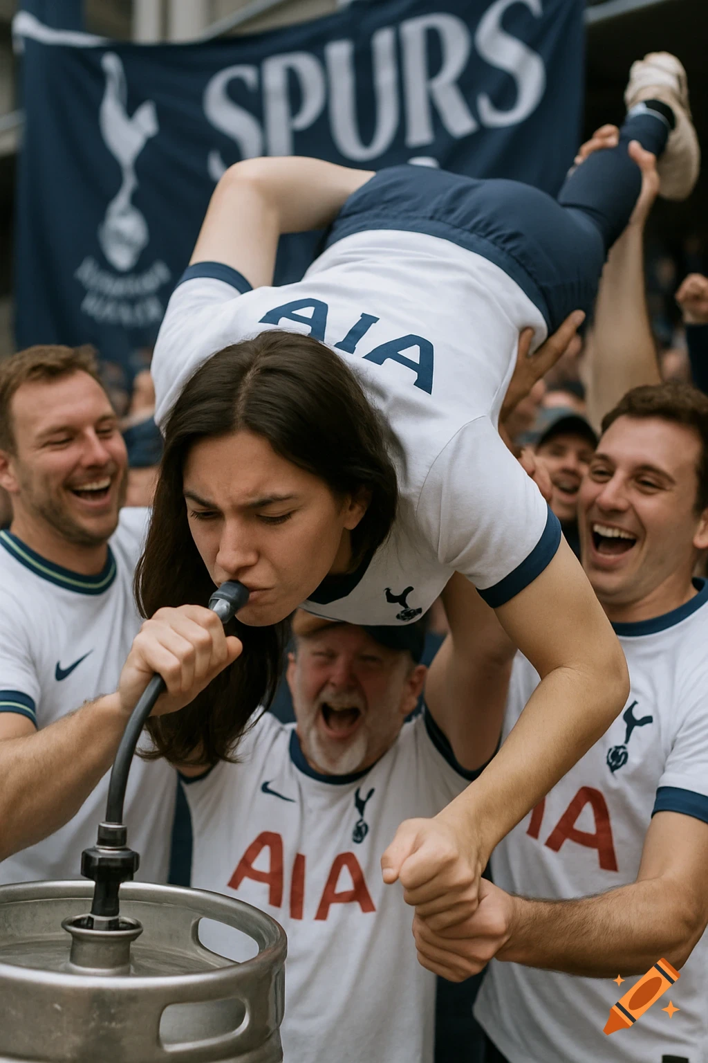 Tottenham Hotspur fans support a girl doing a keg stand during a celebration. on Craiyon