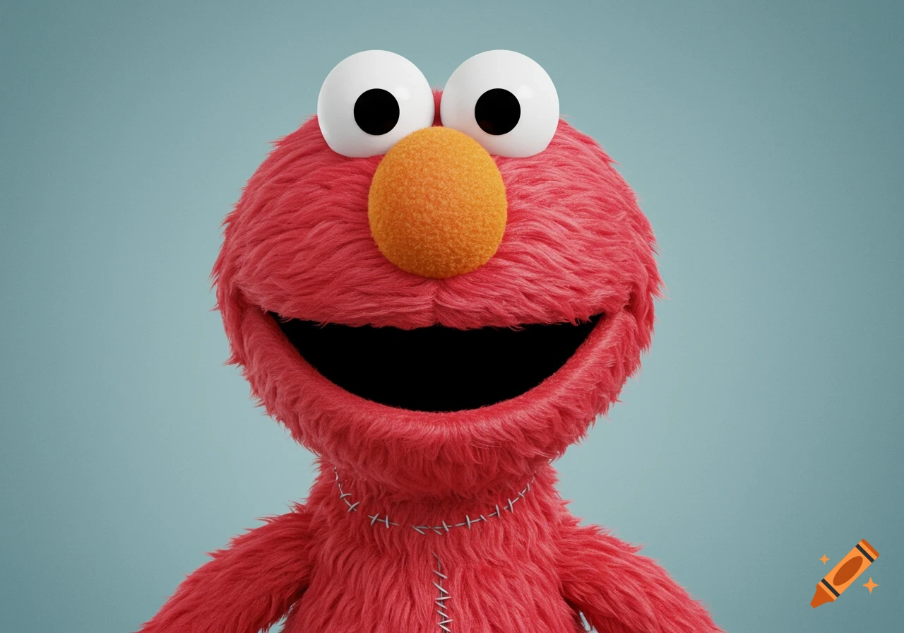 Close-up of the red muppet character Elmo with large eyes, an orange nose, and visible stitches ...