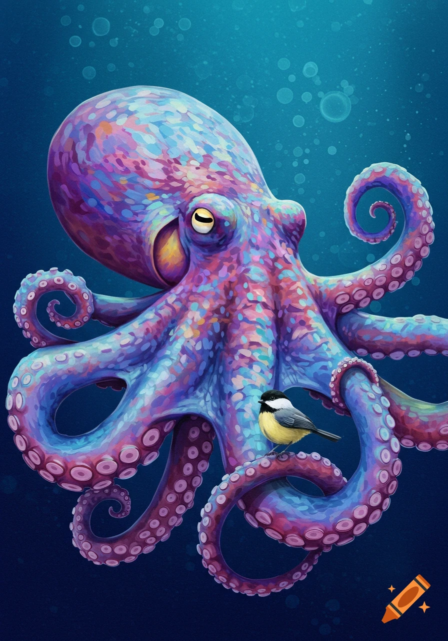 Colorful illustration of a large octopus underwater with a chickadee ...