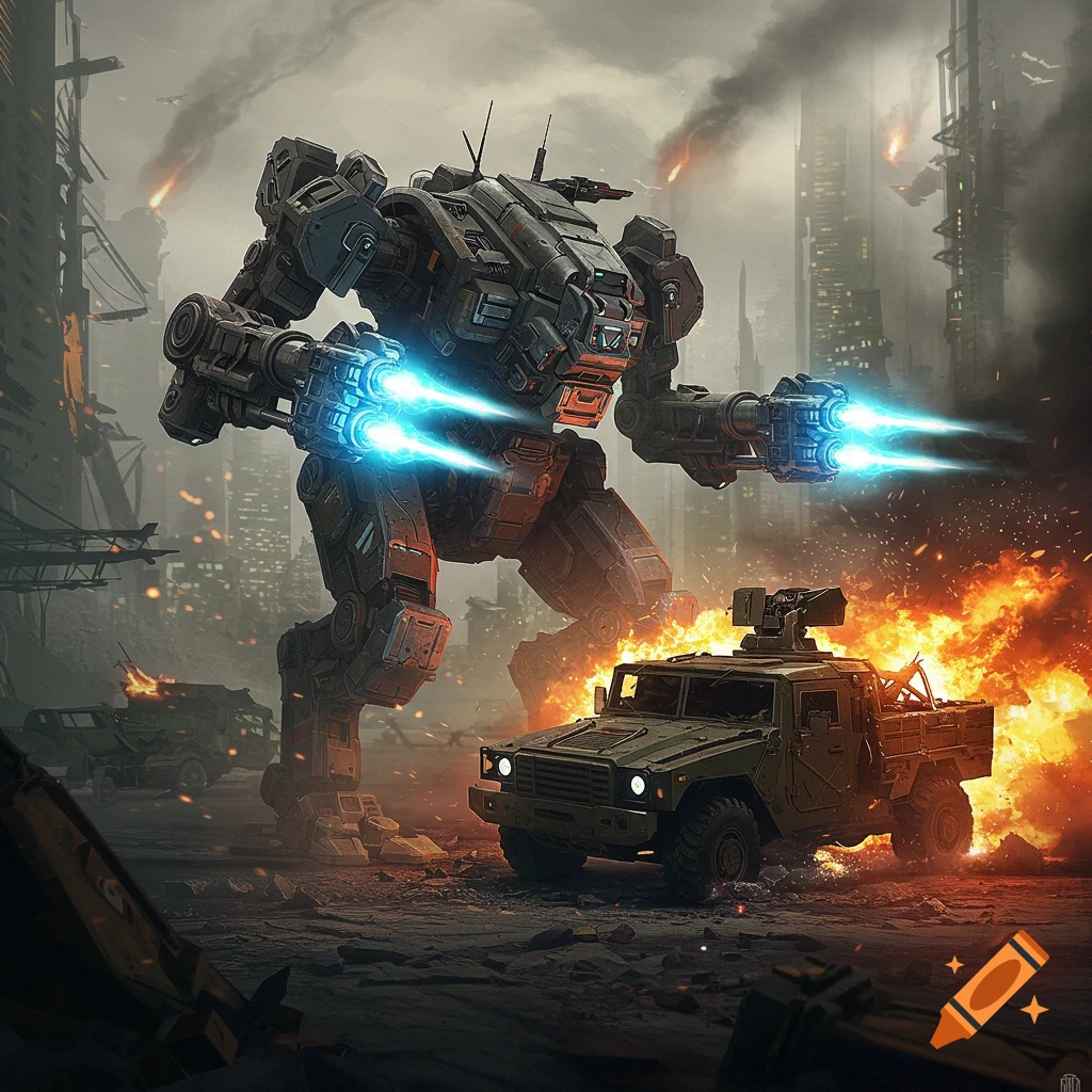 Giant sci-fi mech stands over a burning military vehicle in a ruined ...