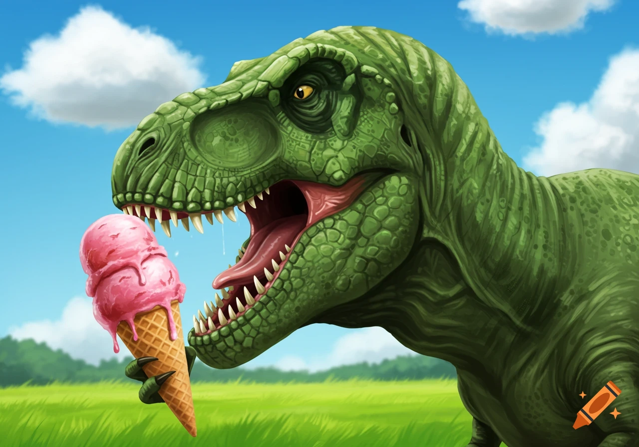 A green Tyrannosaurus Rex eats a pink ice cream cone in a grassy field ...