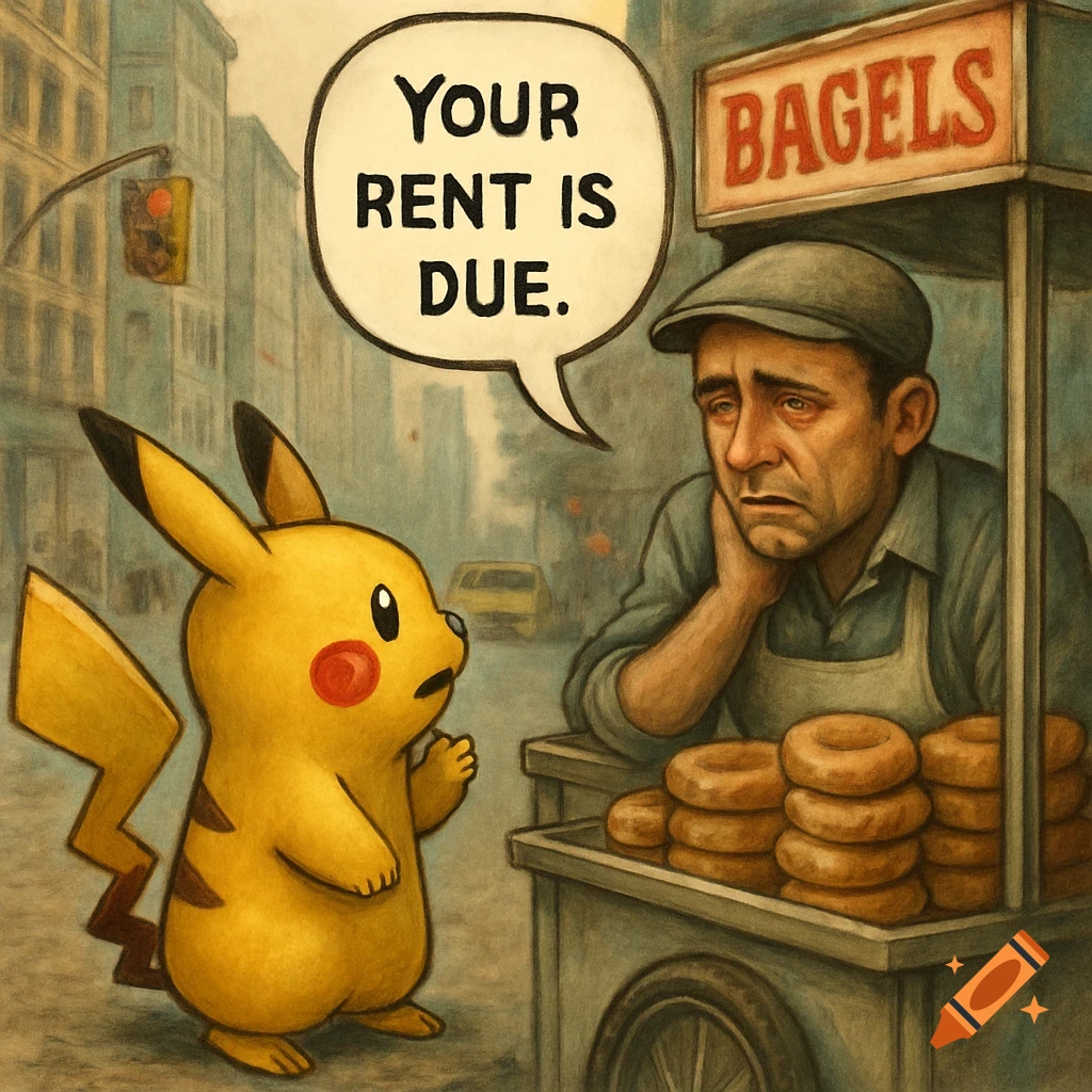 Illustration of Pikachu telling a sad bagel salesman in New York his ...