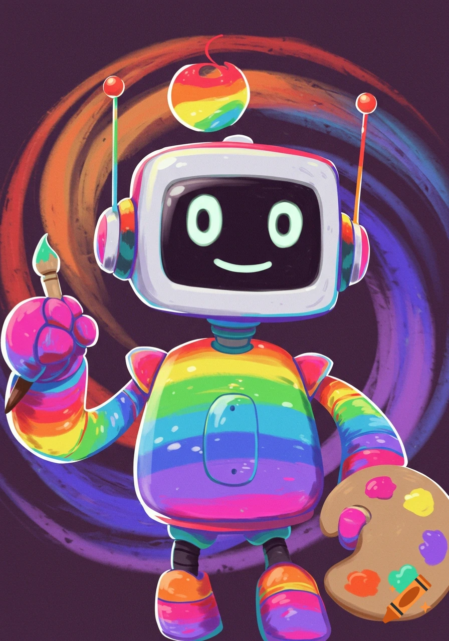 A colorful rainbow robot holds a paintbrush and a palette of paints. on ...