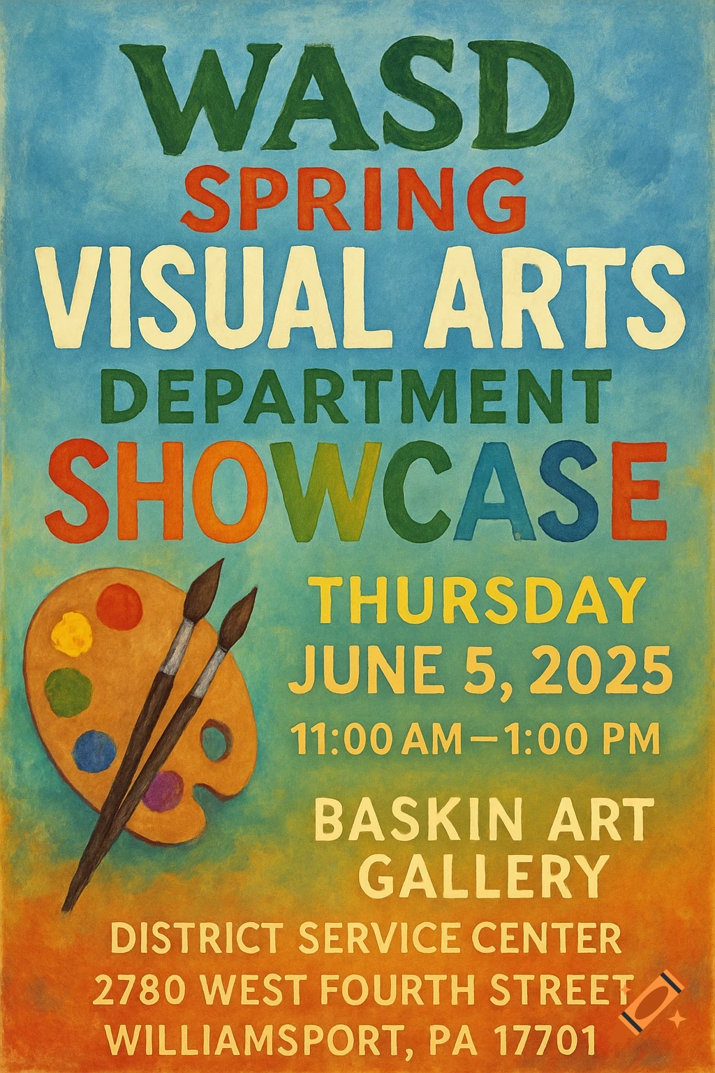 Poster for a school art show with text, a palette, and paint brushes ...