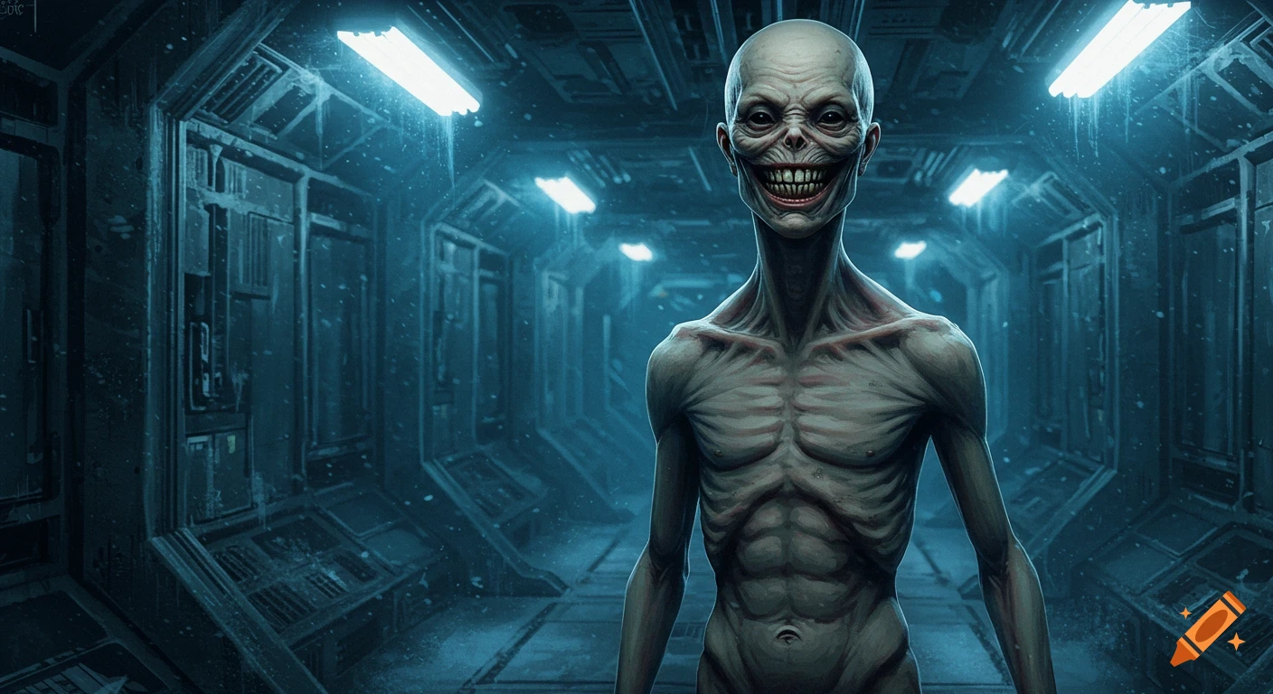 A grotesque, gaunt creature with a wide grin stands in a dimly lit sci ...