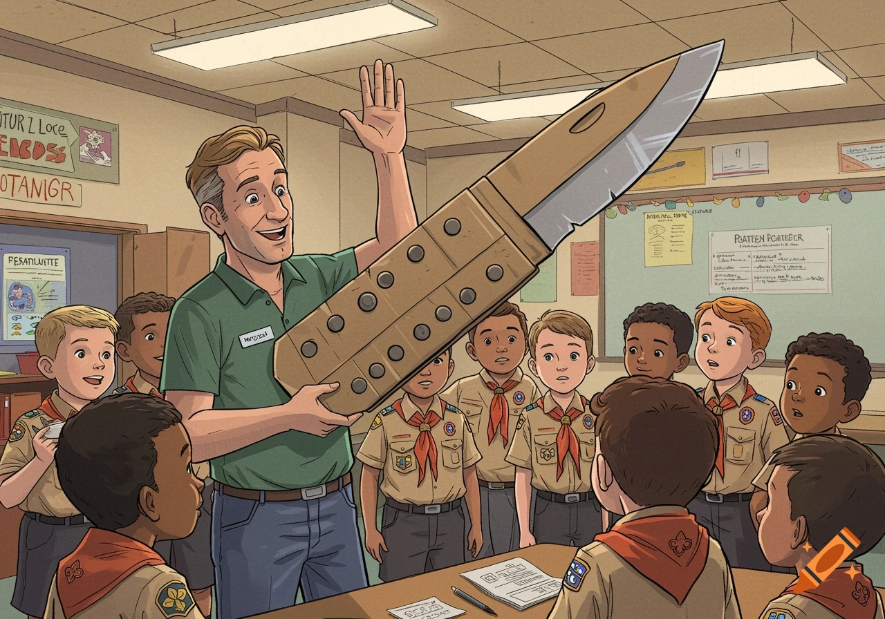 A teacher shows a large cardboard pocket knife prop to a group of cub ...