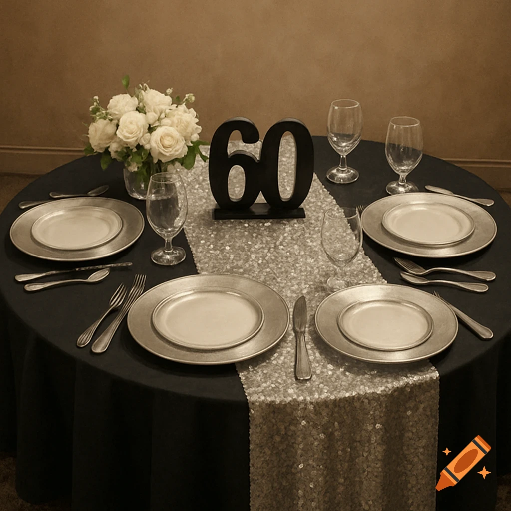 A table set for a 60th birthday party with a silver sequin runner and ...