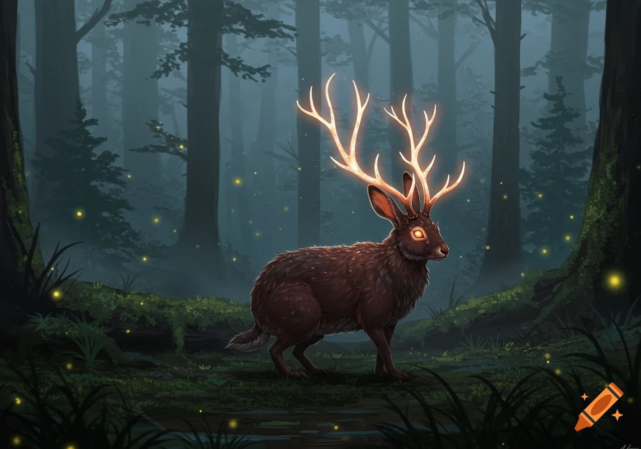 A mystical jackalope with glowing antlers and eyes stands in a dark ...