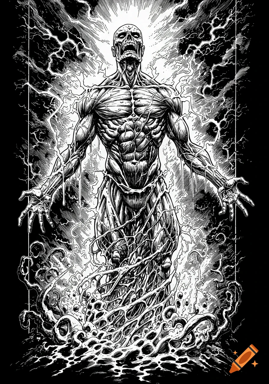 Black and white illustration of a figure emerging from mist and ...