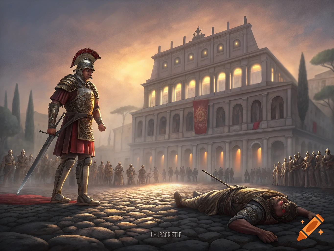 Roman centurion stands over fallen warrior in front of palace with ...