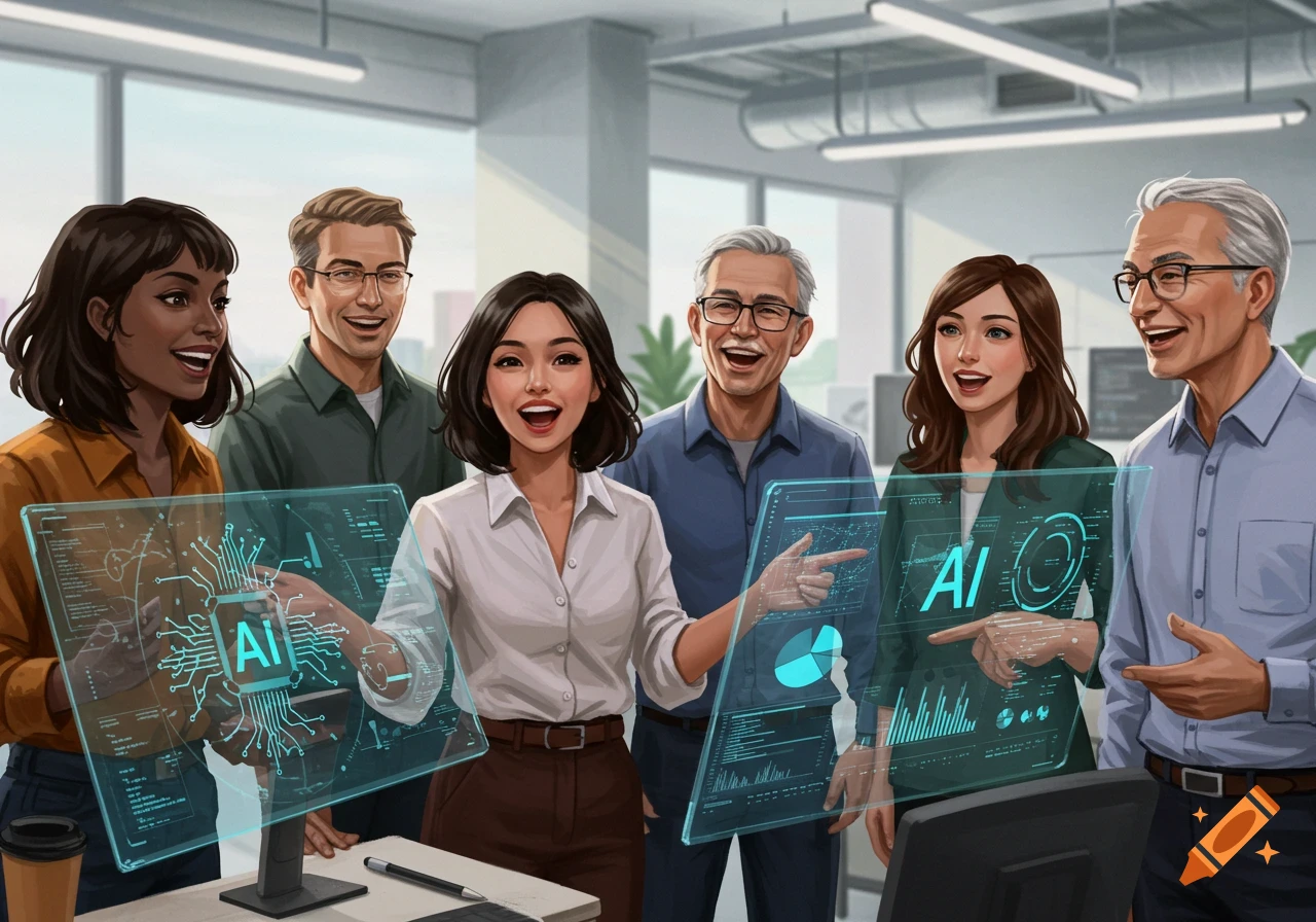 Diverse business people look at transparent screens displaying AI ...