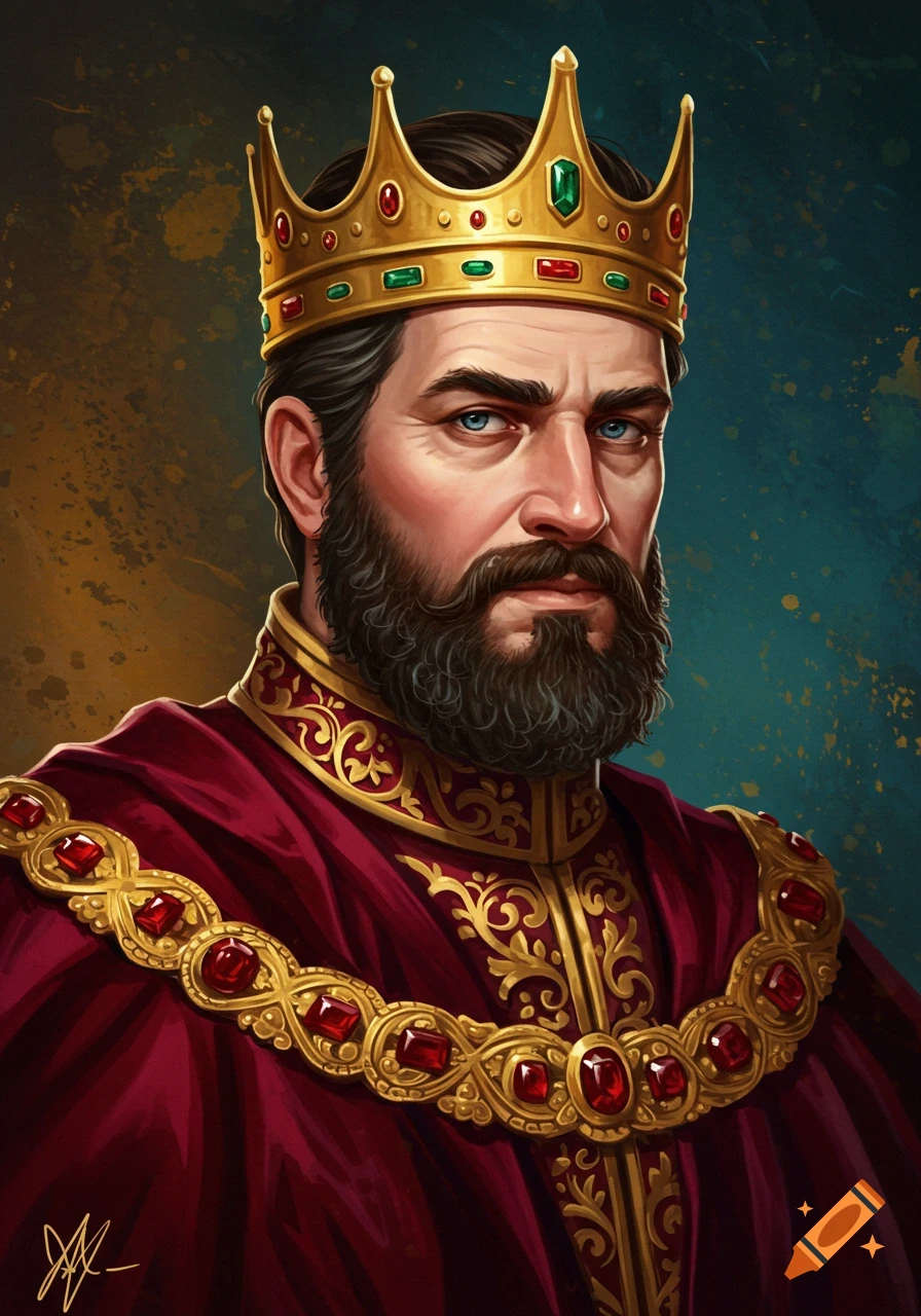 Portrait of a king wearing a gold crown and red robes, painterly style ...