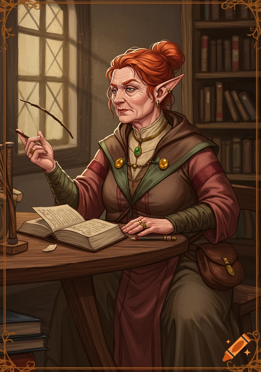 An older elf woman in robes sits at a desk with an open book in a ...