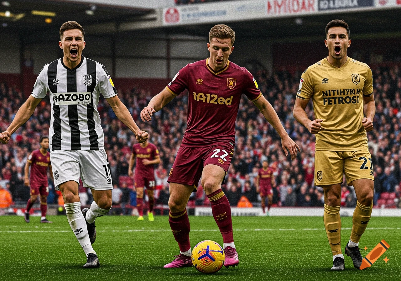 Three football players in white and black, maroon, and gold kits stand ...