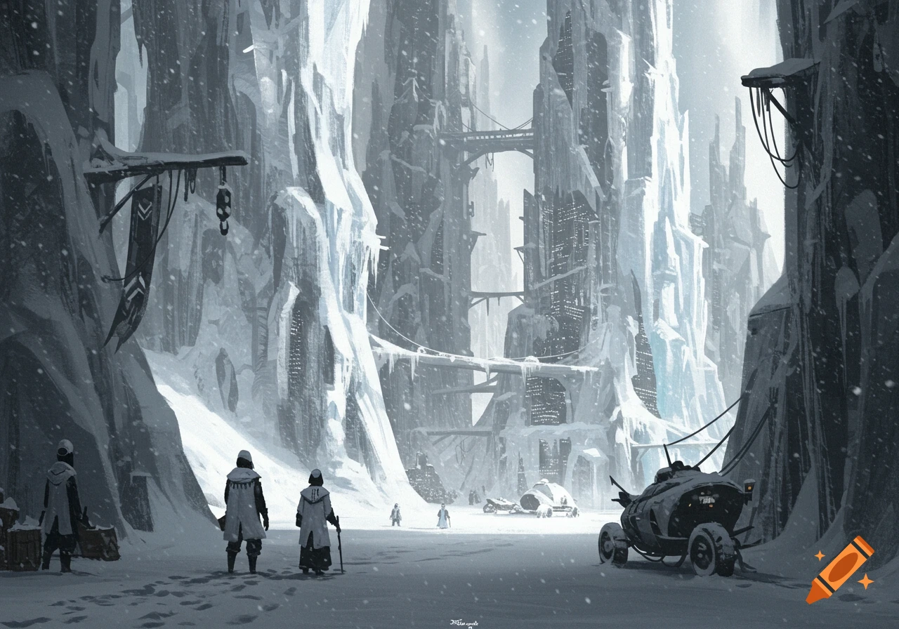 Sci-fi landscape of a snowy civilization built into icy mountains with ...