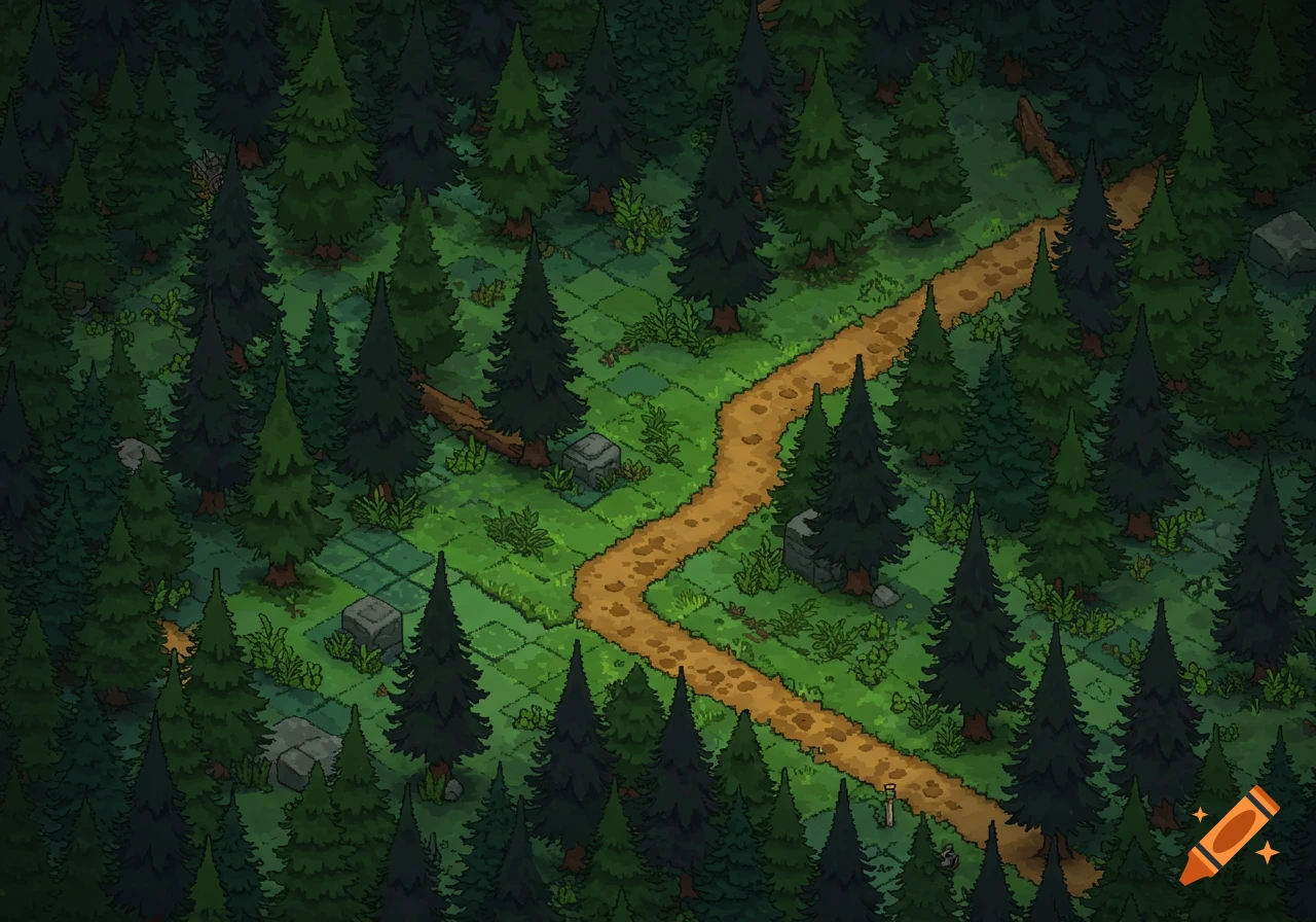 Pixel art top-down view of a winding dirt path through a dense green forest. on Craiyon