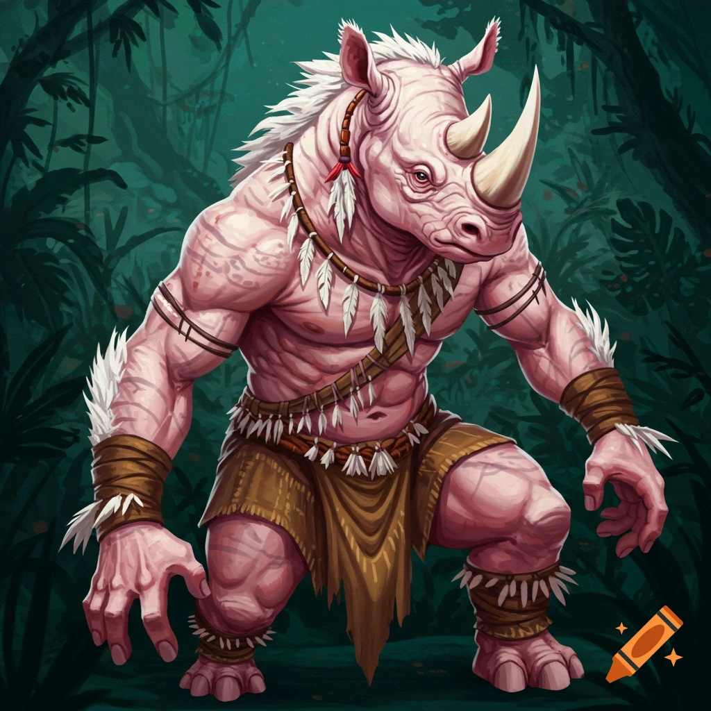 Detailed fantasy illustration of an albino rhino humanoid warrior in a ...