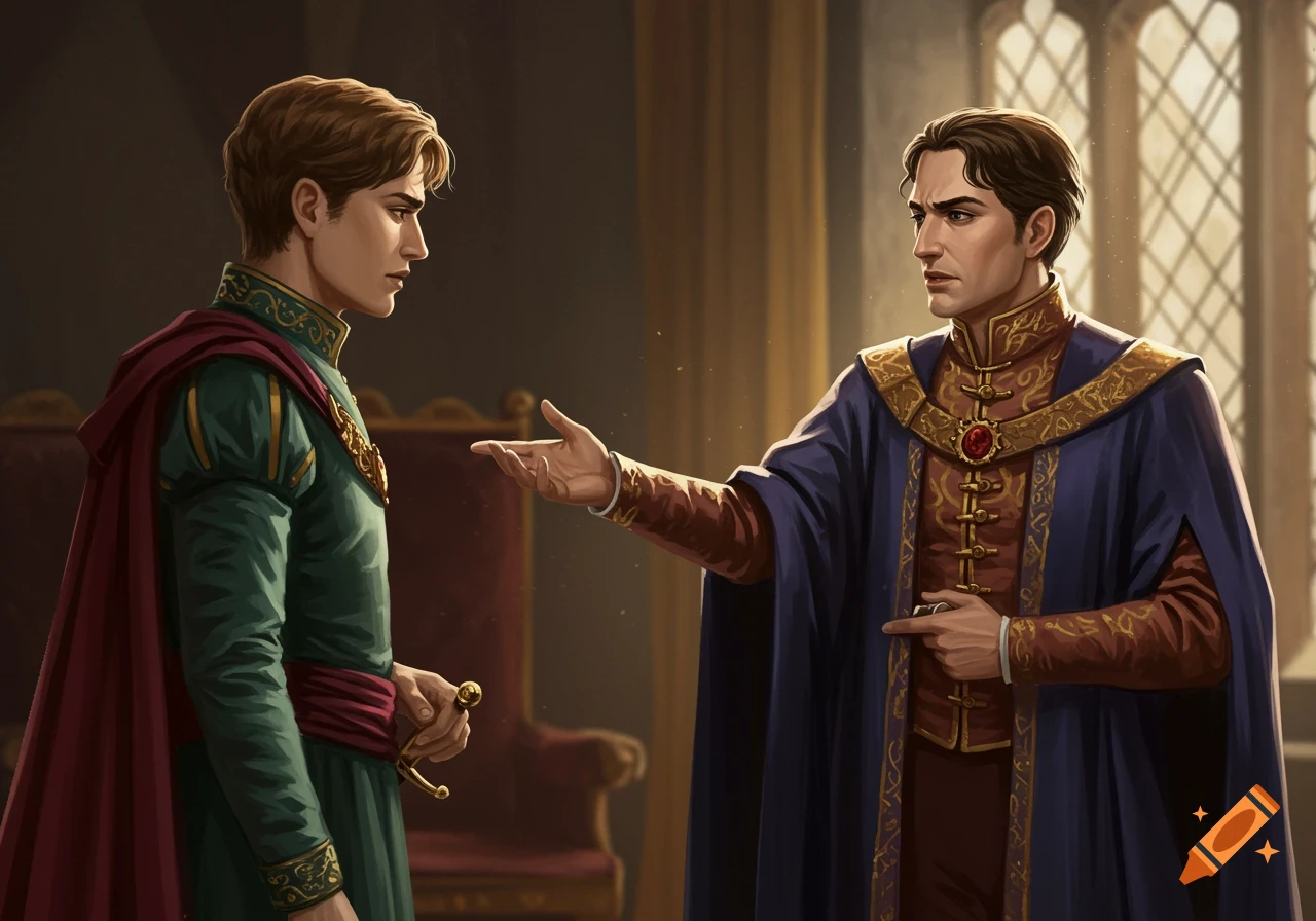 Two men in elaborate historical robes talking in a grand room. on Craiyon