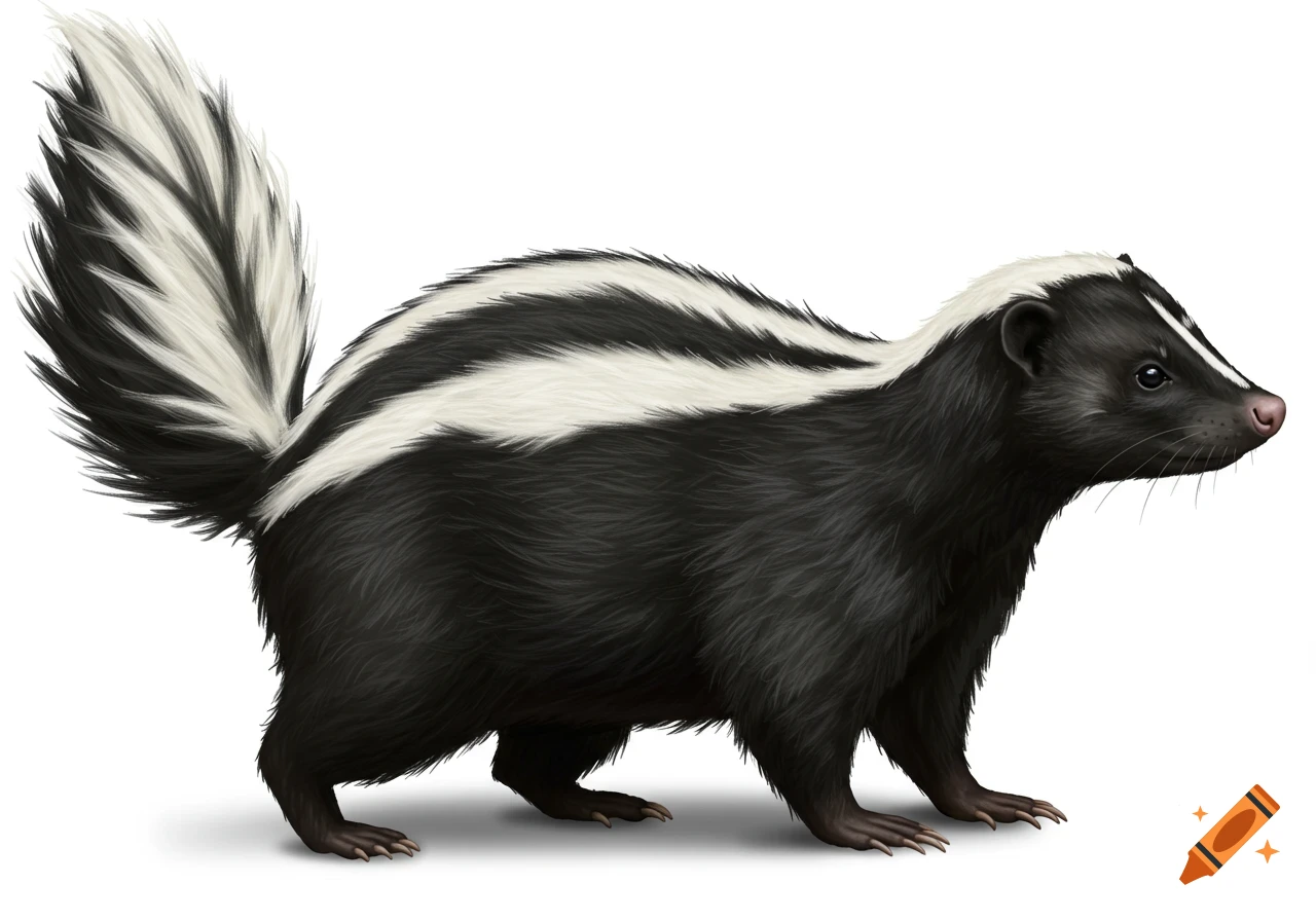 An illustration of a black and white skunk from the side on a white ...