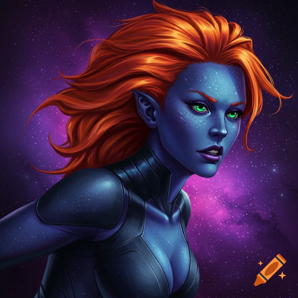 Close-up portrait of a blue-skinned alien woman with flowing red hair and green eyes against a ...