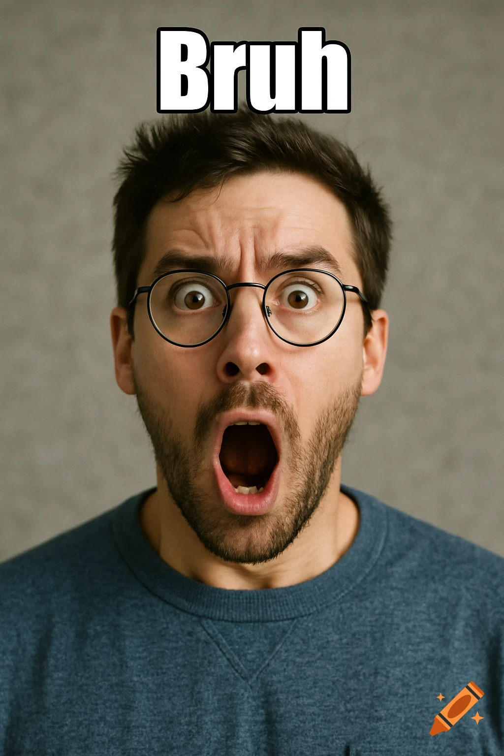 Man with shocked expression and glasses with text 'Bruh' on Craiyon