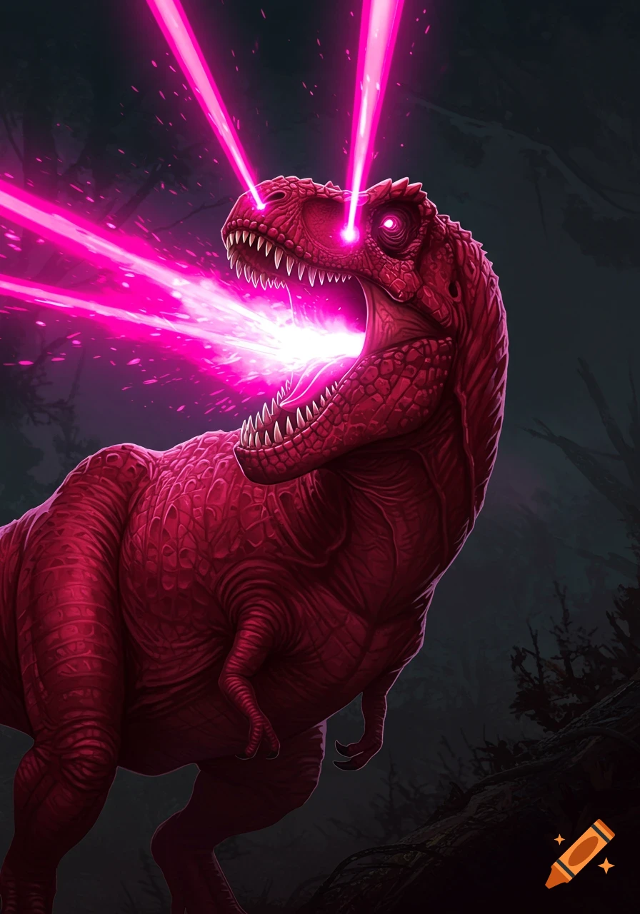 A red T-Rex shoots pink laser beams from its eyes and exhales pink fire ...