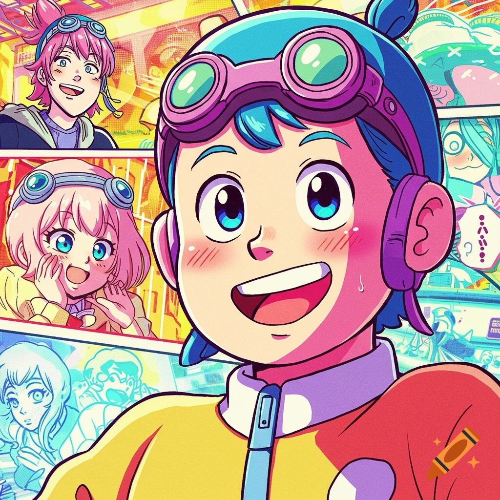 Three smiling anime characters depicted in bright comic book panels ...