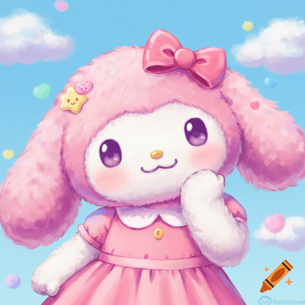 A cute, fluffy pink rabbit-like character in a pink dress and bow ...