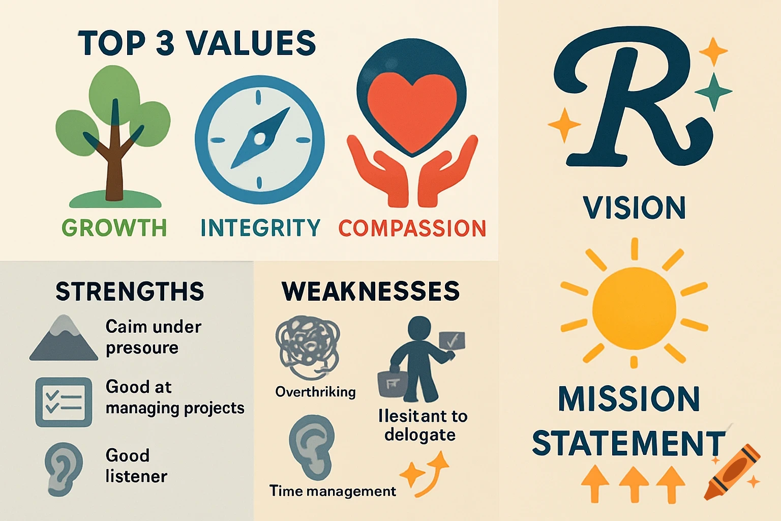 Diagram showing personal values, strengths, weaknesses, vision, and ...