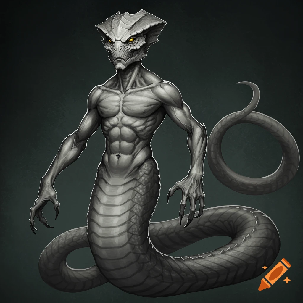 Gray snake-humanoid creature with reptilian head and tail in a concept ...