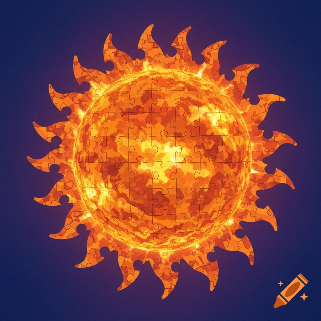 A stylized sun depicted as a jigsaw puzzle against a dark blue ...