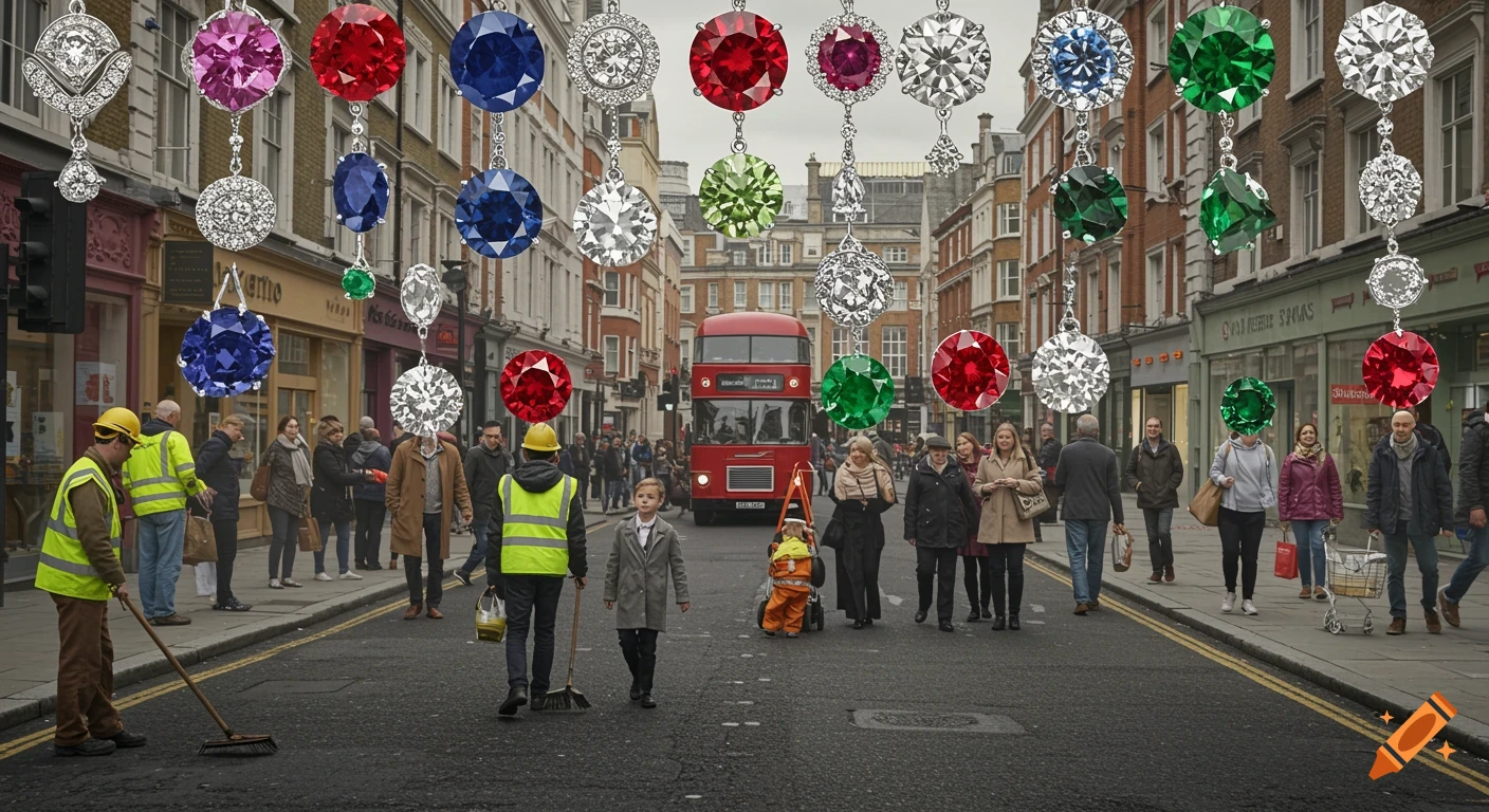 Photorealistic London street scene with people and floating jewels. on ...