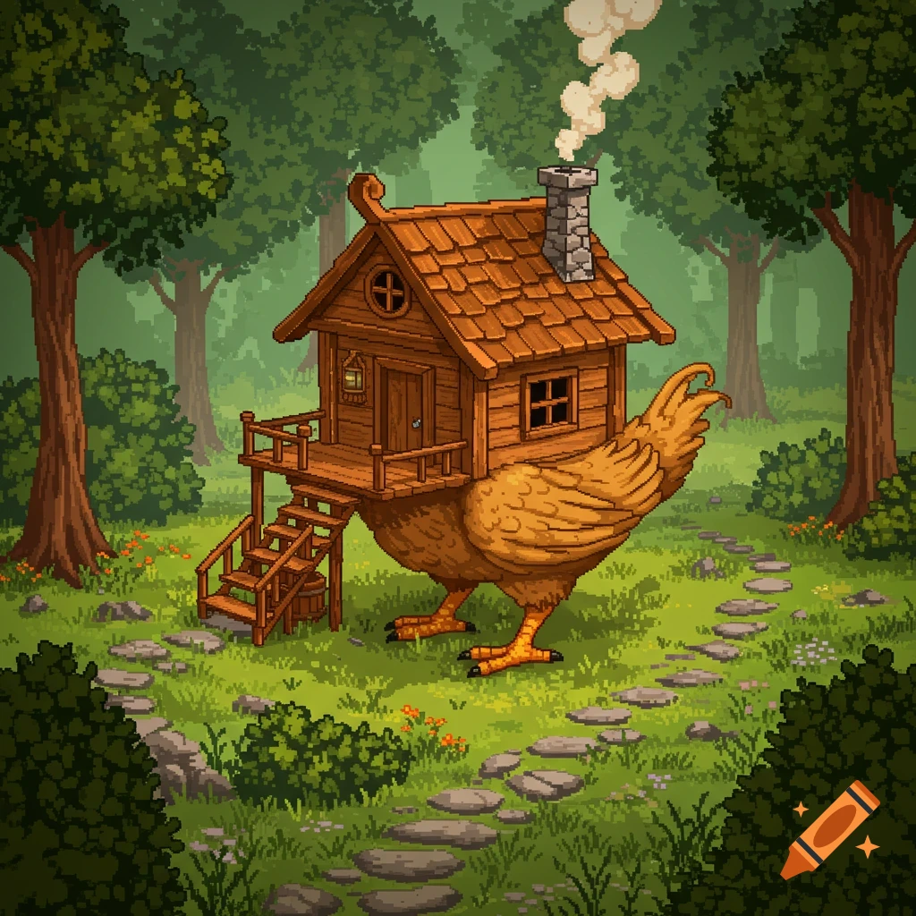 Pixel art of a wooden hut on chicken legs walking in a forest. on Craiyon