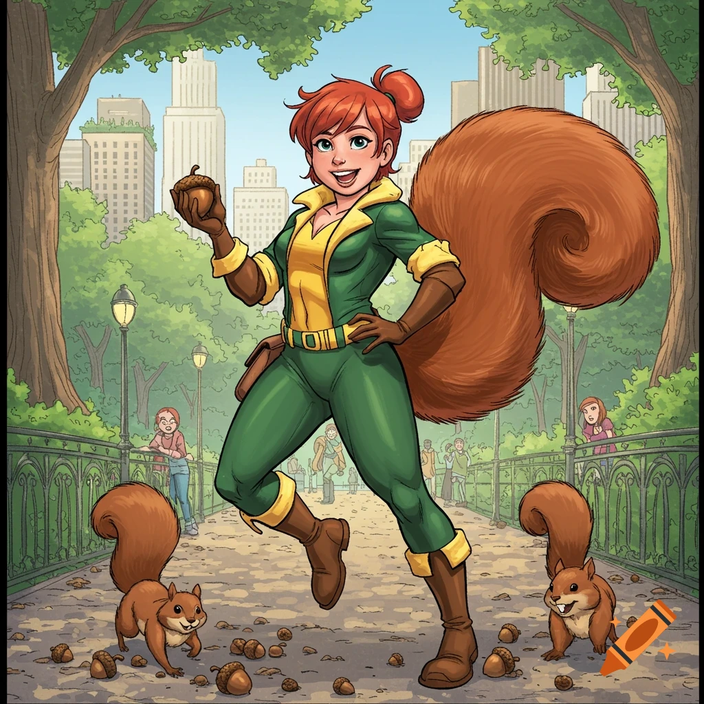 Cartoon style Squirrel Girl in a park holding an acorn, with squirrels ...