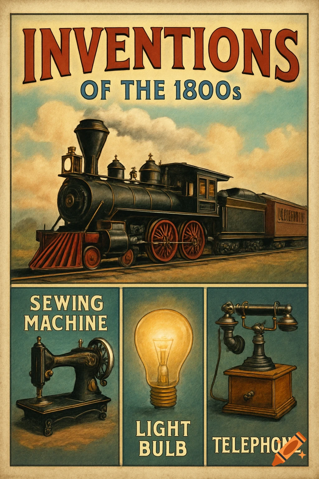 Vintage poster listing inventions of the 1800s: train, sewing machine ...