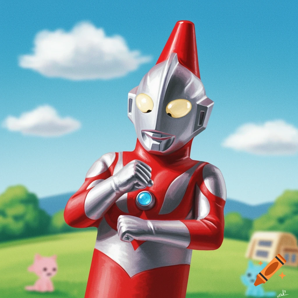 Cartoon-style illustration of Ultraman standing in a grassy field with ...